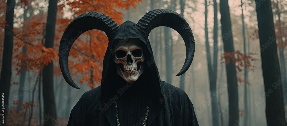 Grim reaper with horns in the forest Halloween concept Baphomet demon ...