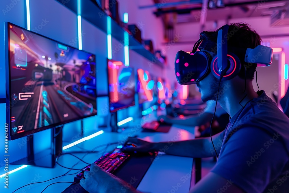 A state-of-the-art VR gaming studio, developers wearing VR headsets ...