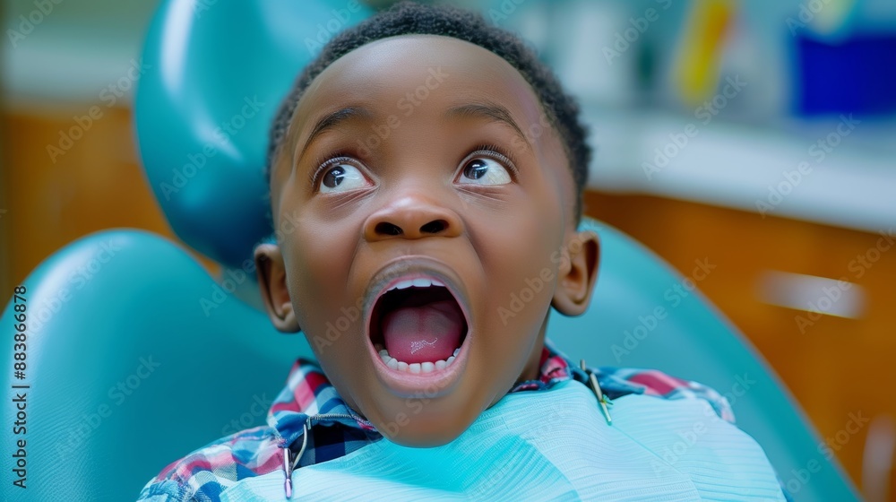 African-American with open mouth elementary school bo in dentist chair ...