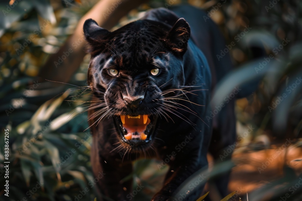 Angry black panther roaring and running in the forest. Front view Stock ...