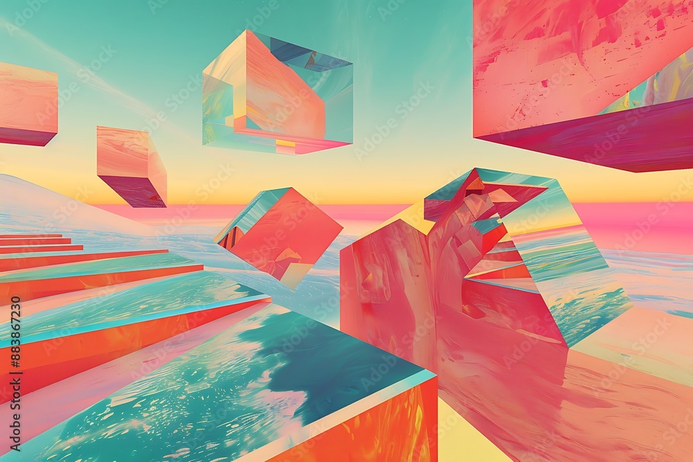 A surreal abstract landscape, with floating geometric shapes and a ...