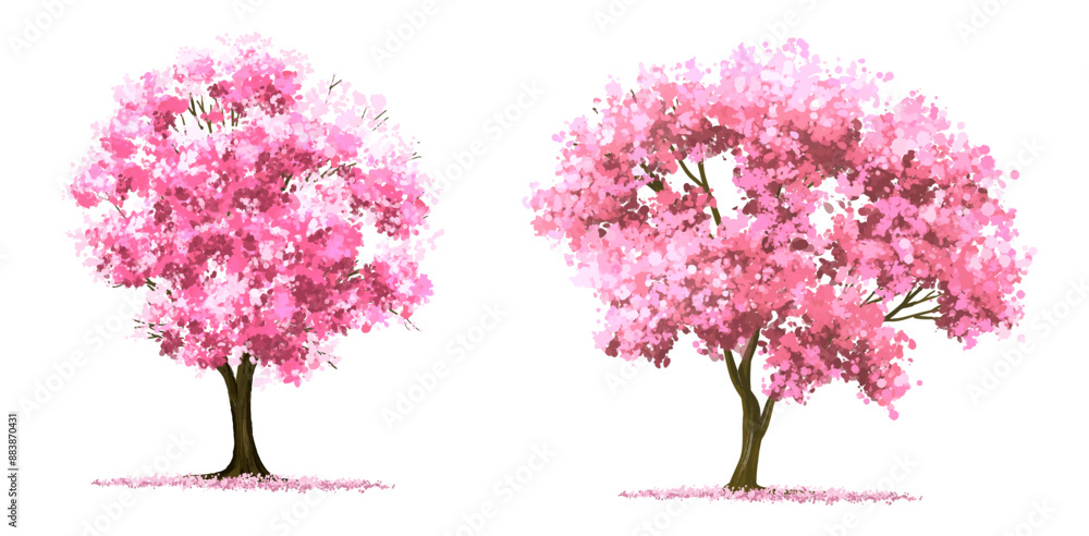 Vector watercolor blooming flower tree or forest side view isolated on ...