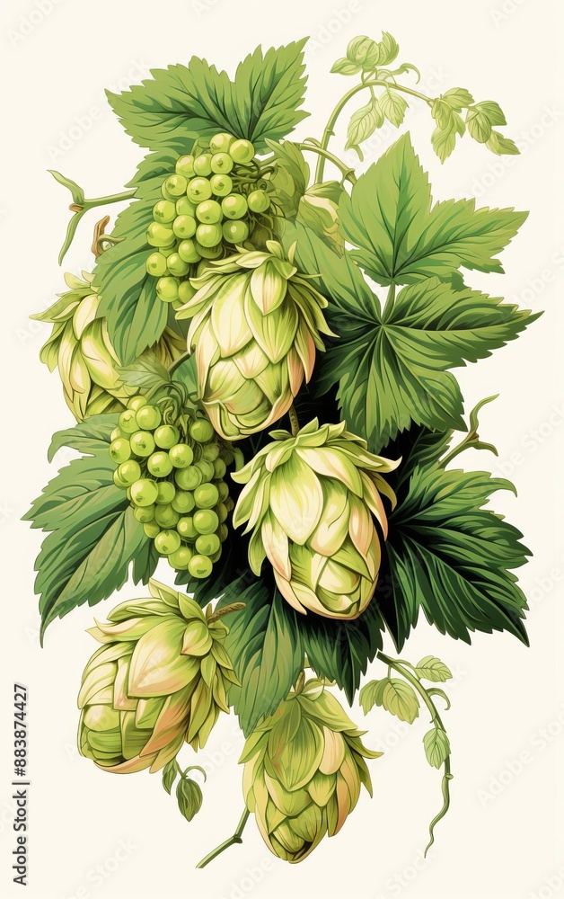 Artistic illustration of hop cones and leaves. Detailed botanical ...