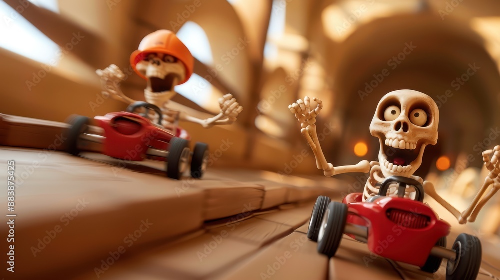 Skeletons having a thrilling ride in classic red carts along a vibrant ...