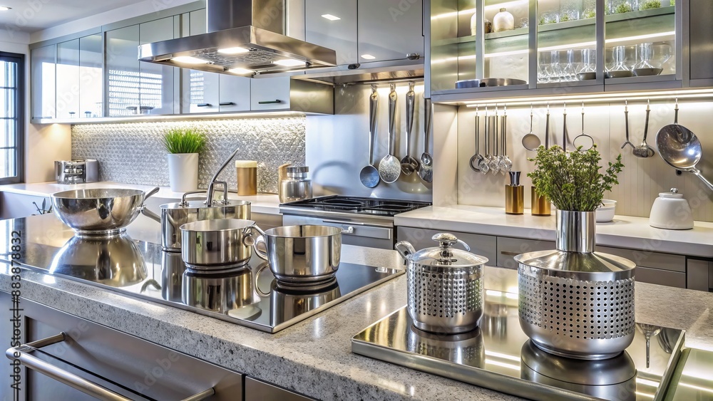 Sparkling silver kitchen utensils and appliances adorn modern ...