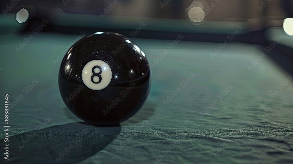 Black eight ball in high detail on billiard table, intense close-up for ...