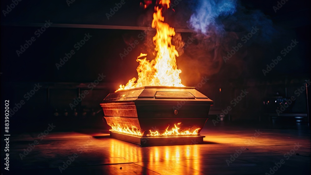 Burning coffin emitting flames in a dark room , death, horror, spooky ...