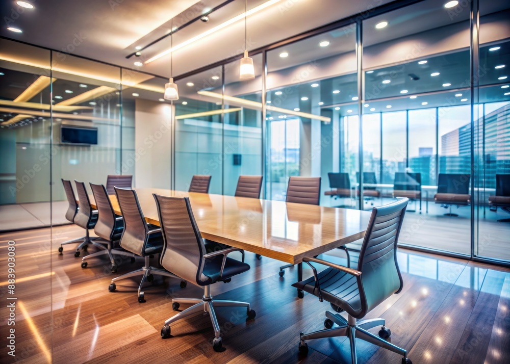 Blurred conference room scene with empty chairs and sleek table behind ...