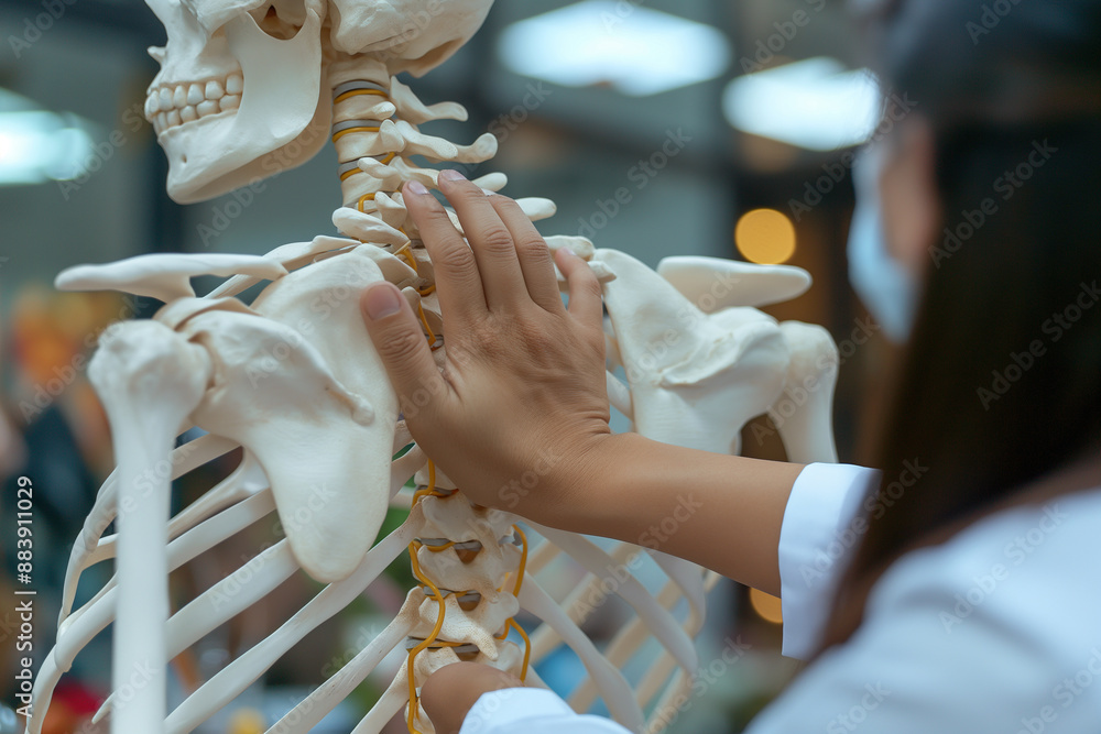 Close-up of male doctor pointing at chest of human skeleton anatomy ...
