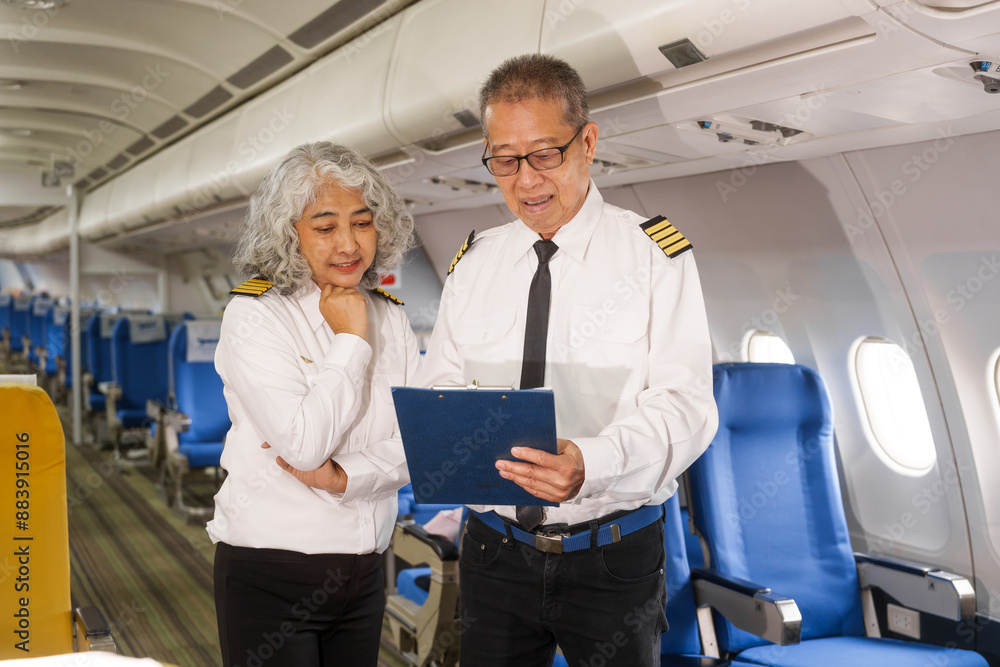 Mature male and female pilots meet inside an airplane, holding hands ...