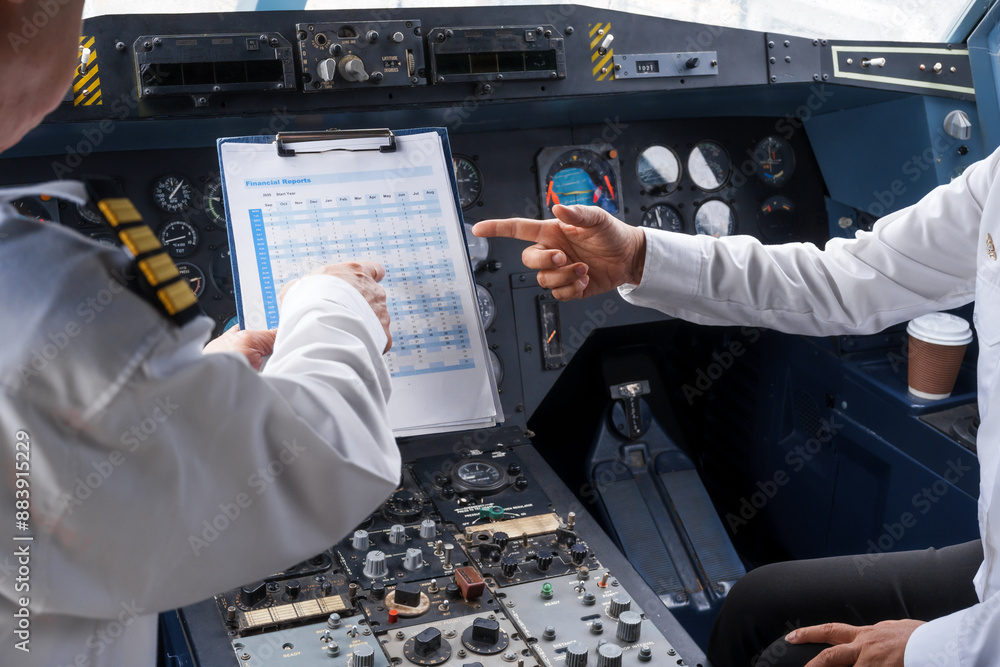 Mature male and female pilots meet inside an airplane, holding hands ...
