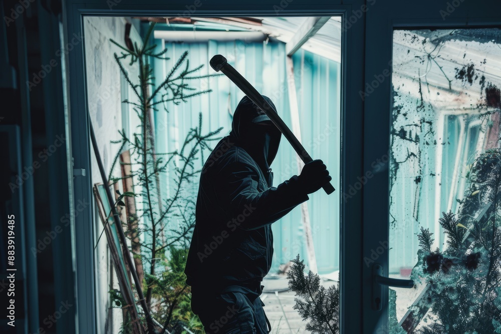 Robber breaking in house One man, criminal dressed all in black with ...