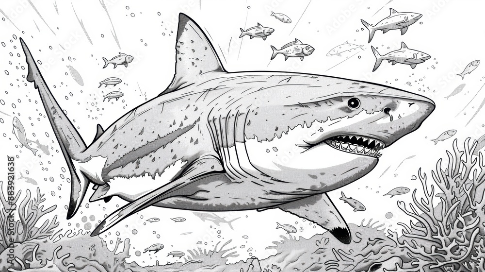 Delve into the world of sharks with this interactive coloring book. Each page features a ...