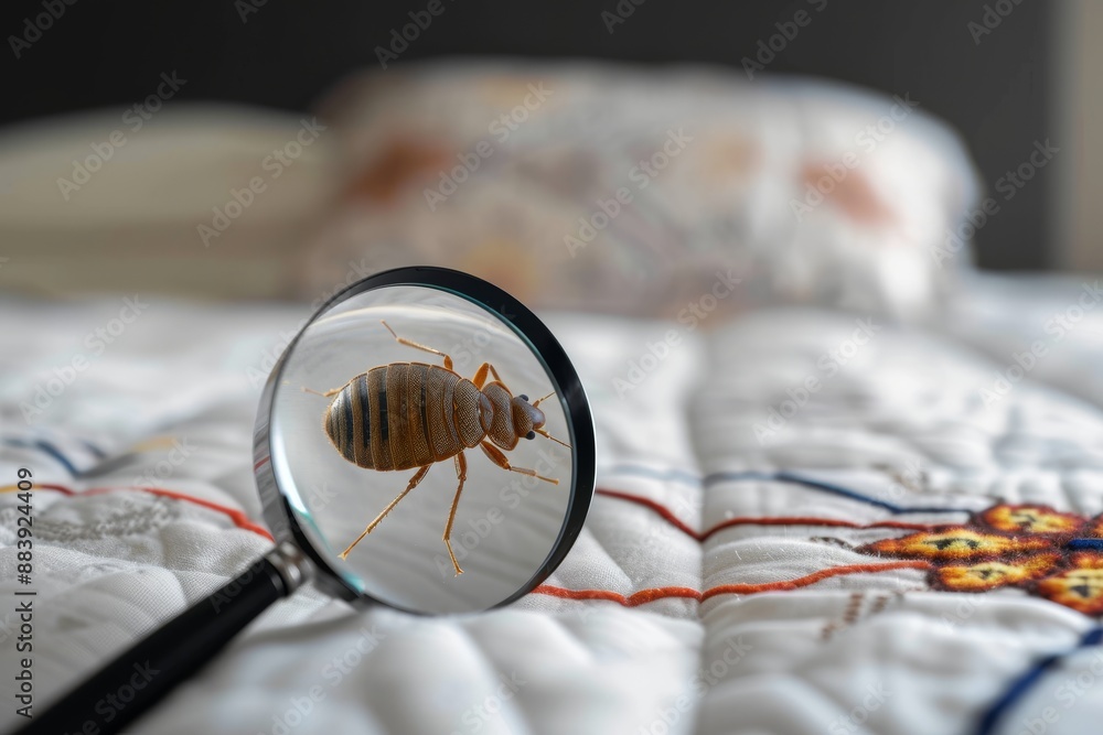 Magnifying glass detecting bed bugs on mattress Magnifying glass ...