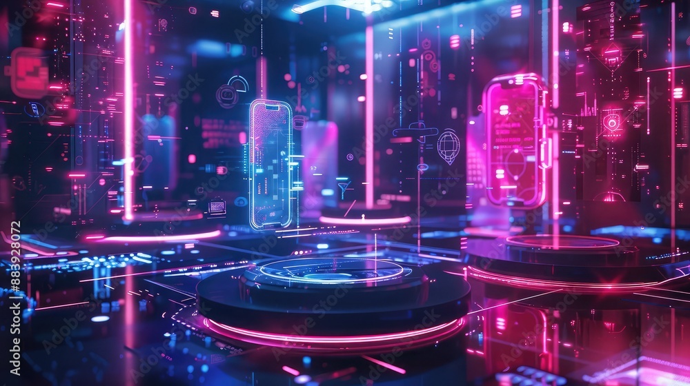 abstract futuristic background with neon lights and reflections ...