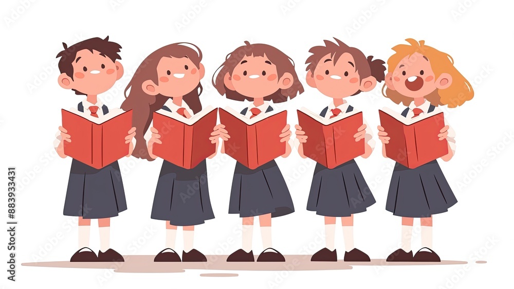 Cartoon-style illustration of a group of students reading on a white ...