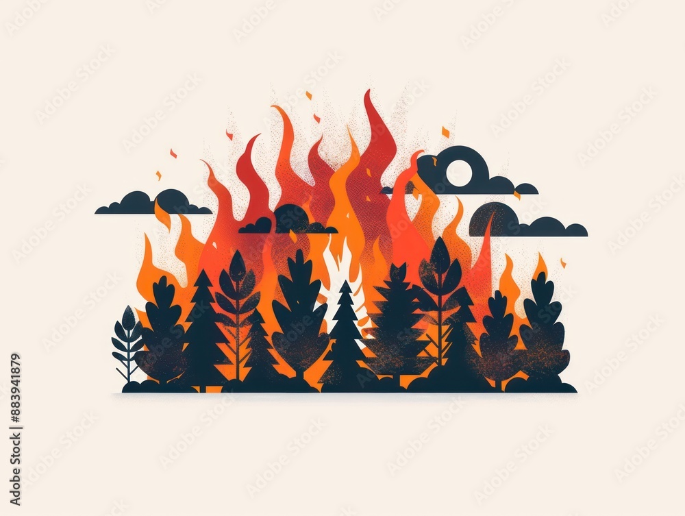 Environmental Crisis: Flat Design Illustration of Devastating Wildfire ...