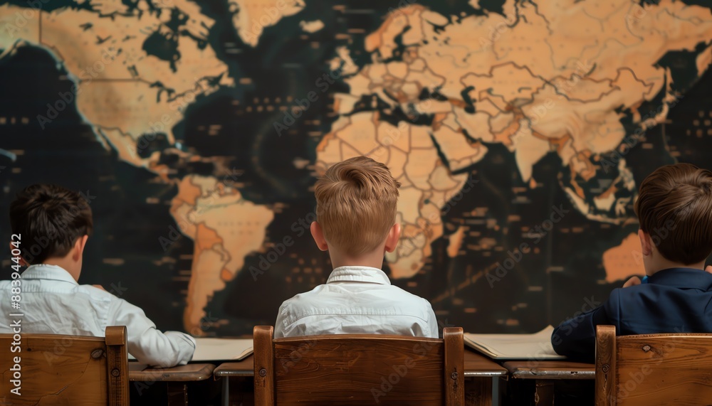 Kids at desks in a historythemed classroom, antique maps and artifacts ...