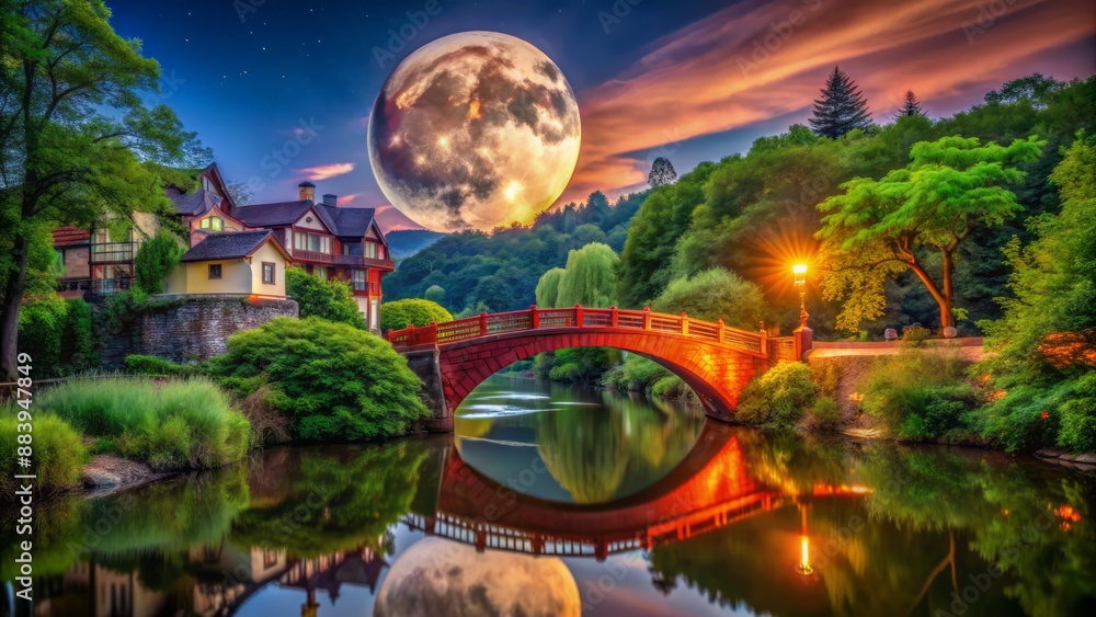 Vibrant red moon hangs low in the night sky above a rustic red arched ...