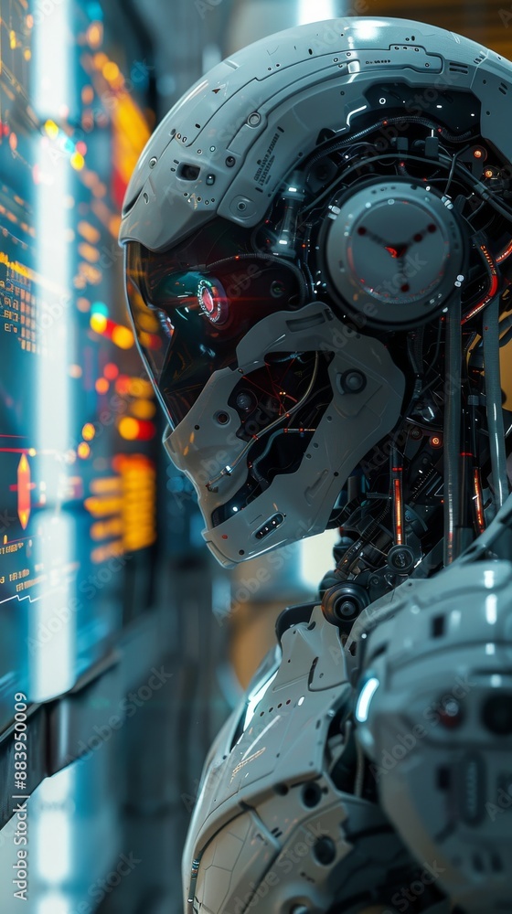 Robot AI working on the computer, The Ai Robot Looking in fron of him a ...