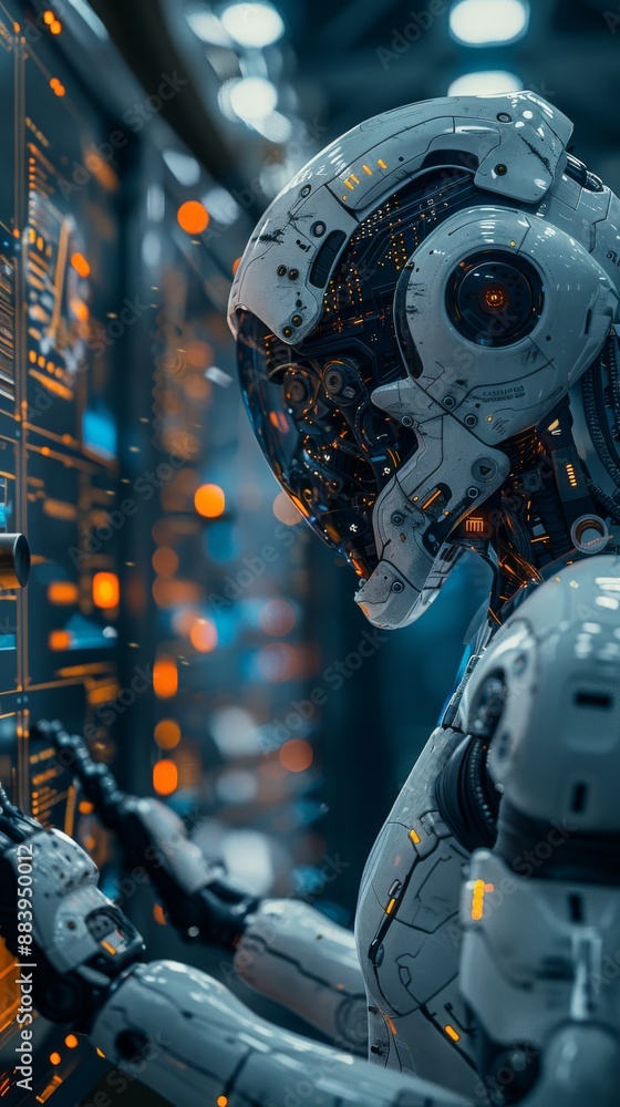 Robot AI working on the computer, The Ai Robot Looking in fron of him a ...