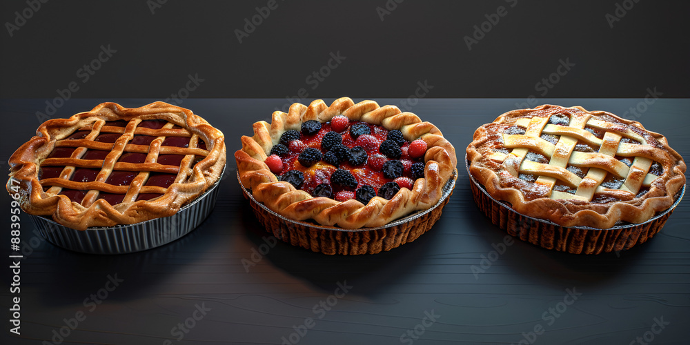 Homemade traditional three beautifully crafted pies with intricate ...