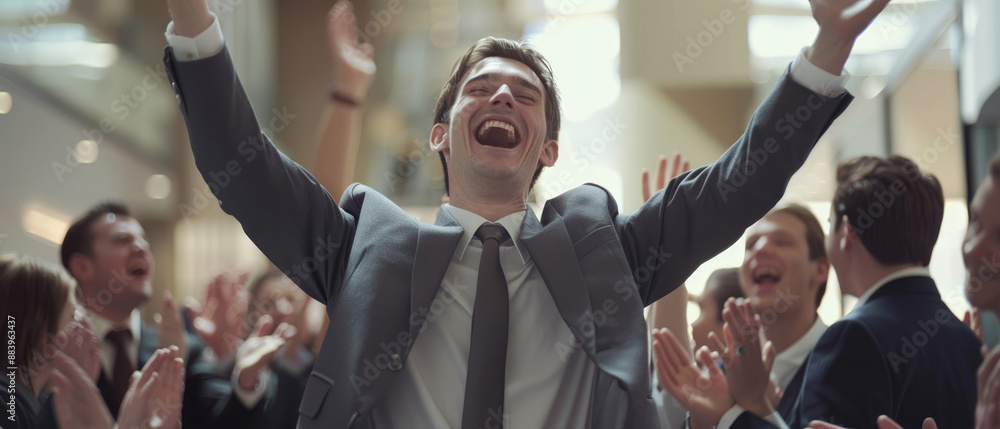 A young man is cheering while celebrating victory among a group of office workers clapping ...
