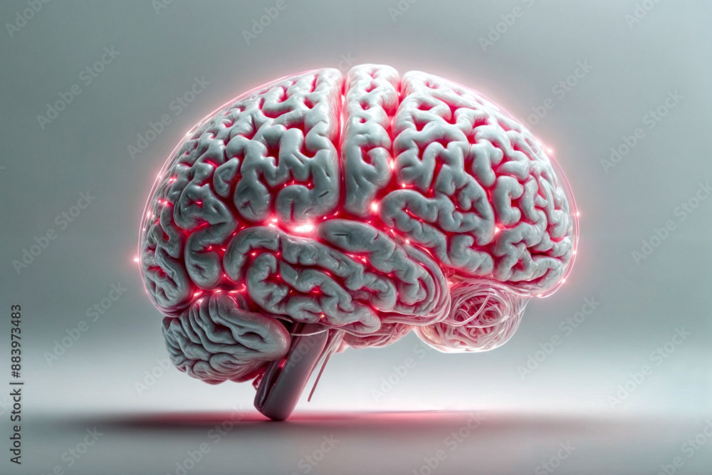 Model of human brain with pink neon light with plexus points at white ...