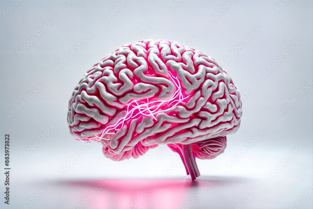 Model of human brain with pink neon light with plexus points at white ...
