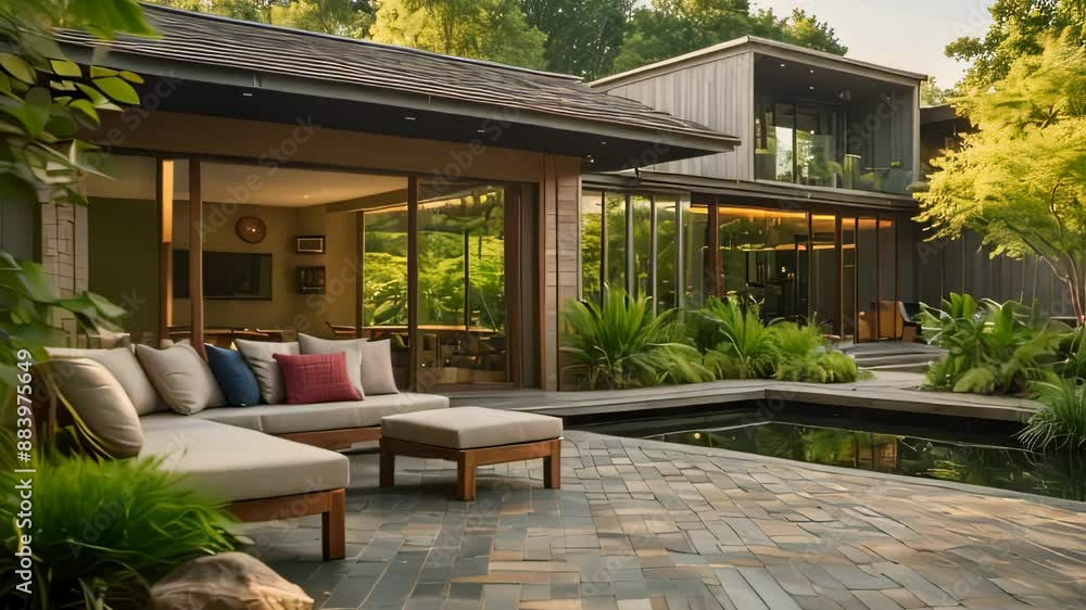 Video animation of modern house with a patio area. The patio features ...