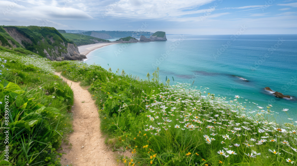 Discover a hidden beach along a scenic coastal path lined with lush ...