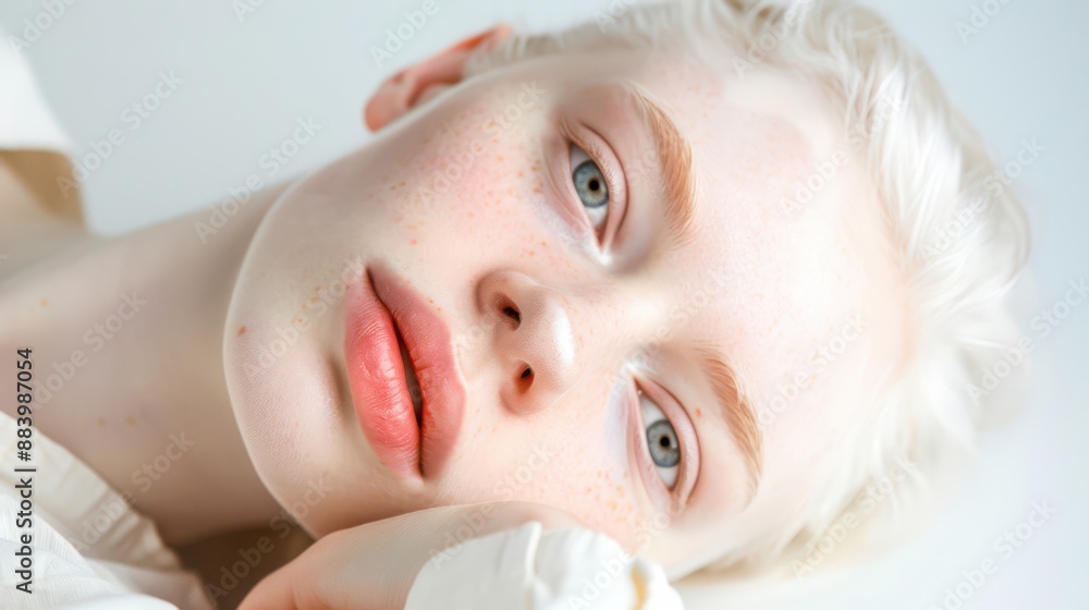 Pretty albino teenager, beautiful unique model in white lying on white ...