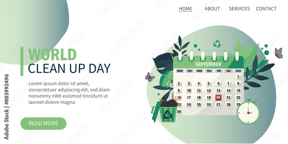 Vetor de World Clean Up Day web banner with September calendar, eco ...