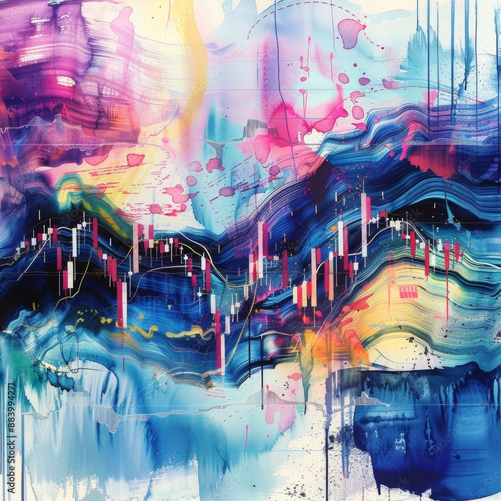 watercolor scene depicting forex trading with stocks and interest rates ...