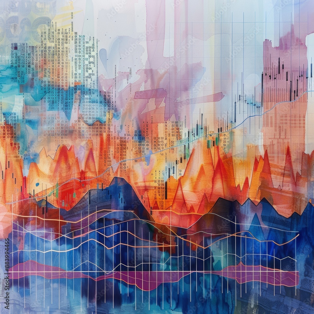 watercolor scene depicting forex trading with stocks and interest rates ...