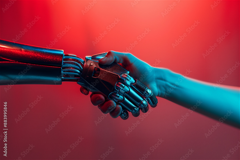 The scene where the artificial intelligence robot's index finger meets ...