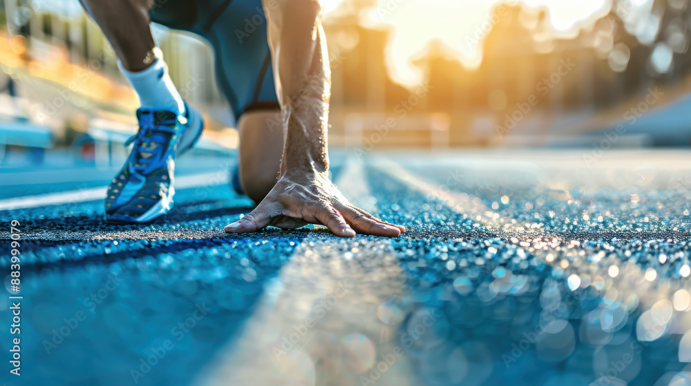 A photograph of an athlete in a crouched starting position, vibrant ...