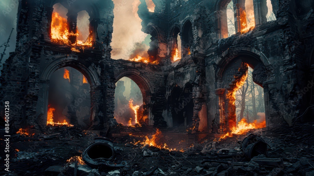 Ruins of an old castle, surrounded by flames and smoke. The walls are ...