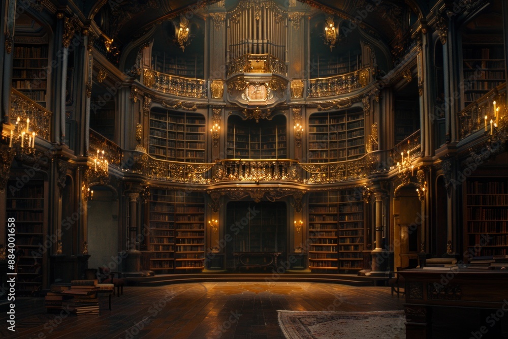 An empty grand library, with towering bookshelves, ancient tomes, and ...