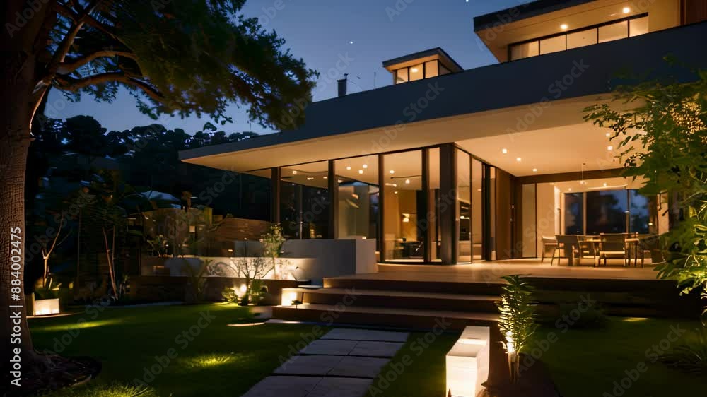 Video animation of modern house at dusk, with interior and exterior ...