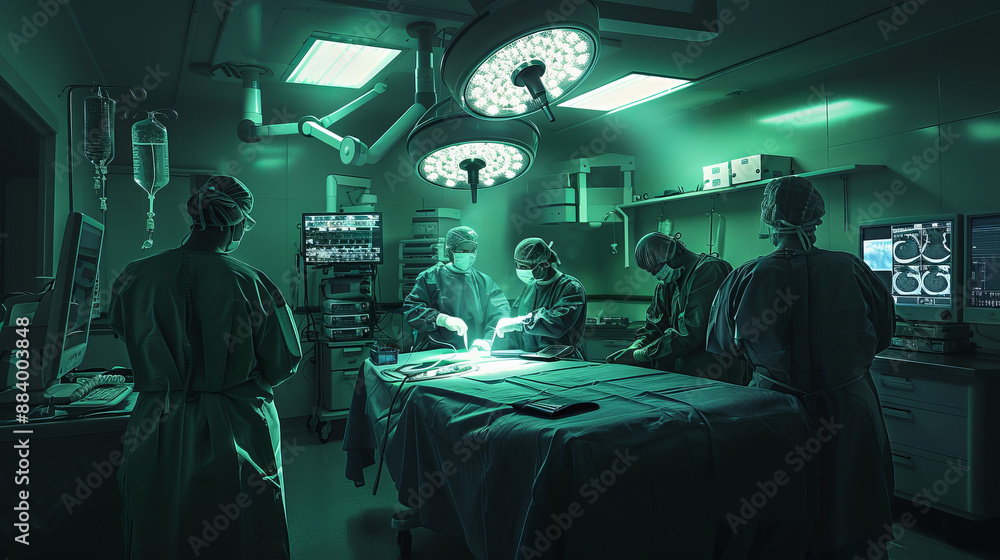 Implantation surgery, a team of doctors in sterile gowns and masks ...
