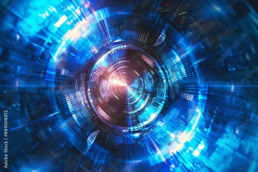 Abstract blue digital background with spinning circular motions and ...