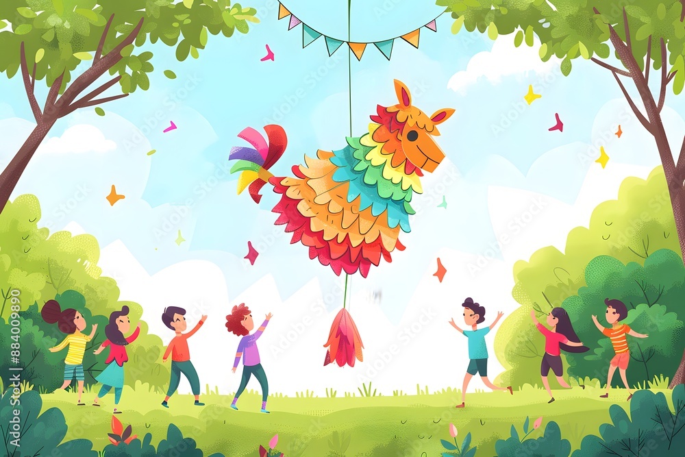 A pinata hanging from a tree, with children reaching out to hit it Use ...