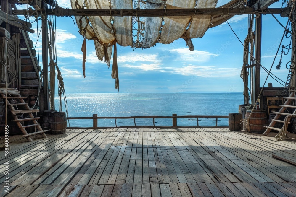 An empty stage on a pirate ship deck, with wooden planks, tattered ...