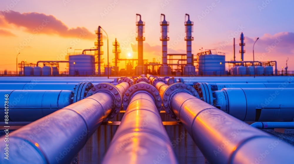 A detailed view of a natural gas processing facility at dawn, with a ...