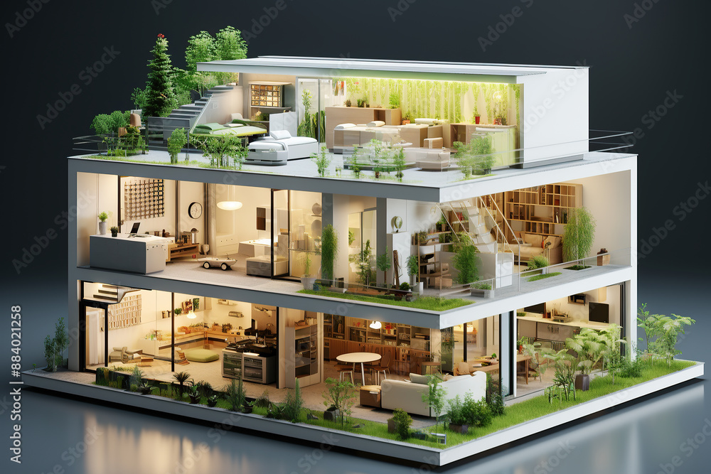 generated Illustration cross-section view of a model house showing ...