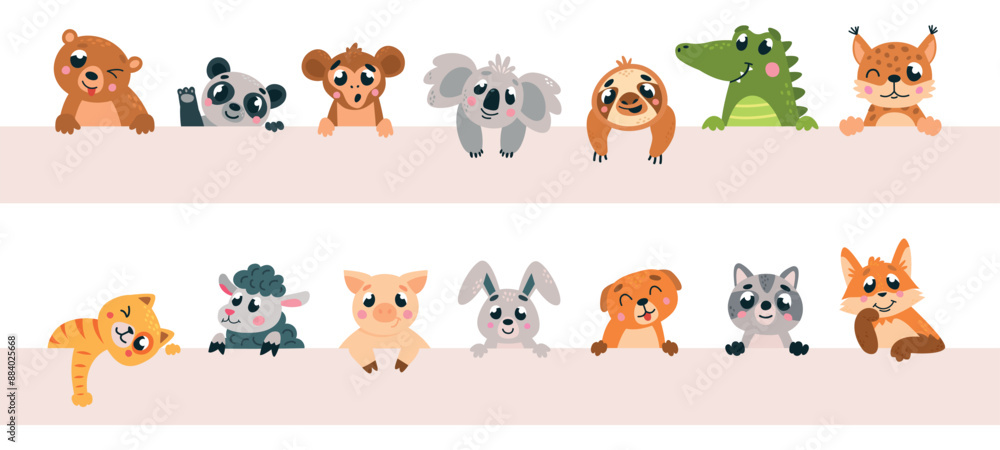 Cartoon animals holding banner. Wild animal looking out, peeping and ...