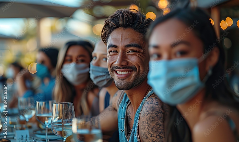 In the new normal, multiracial friends donning face masks sip cocktails ...