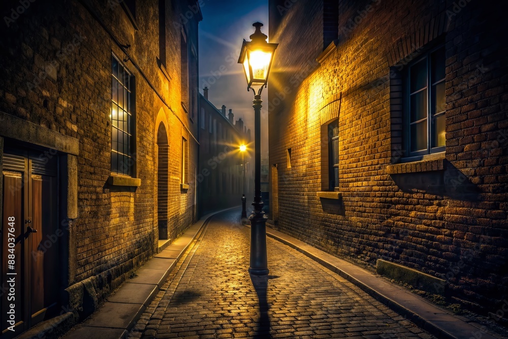 Ominous dark street scene with a lone streetlamp casting long shadows ...