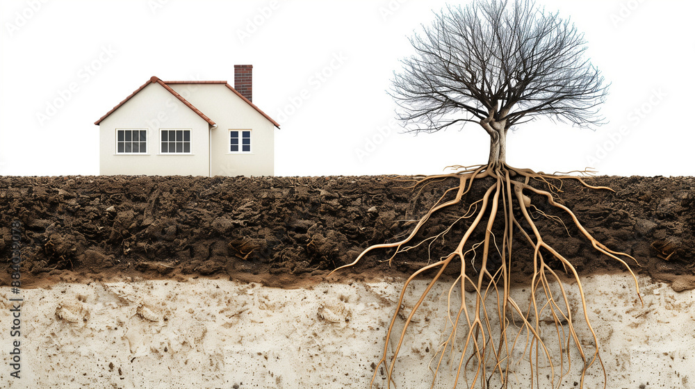 Cross-section of soil layers with house and bare tree: Underground root ...